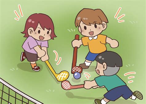 세명이서 플로어볼과 스틱을 가지고 경기를 하는 그림