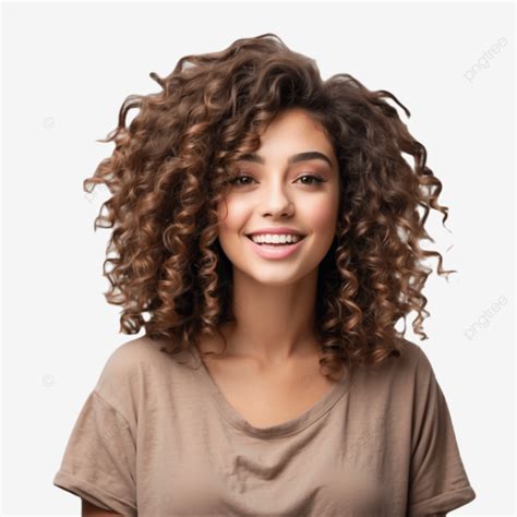 곱슬머리를 잡고 웃고 있는 즐거운 갈색 머리 빛나는 여자 즐거운 갈색 머리 빛나는 여자 곱슬머리를 잡고 웃다 여성 Png