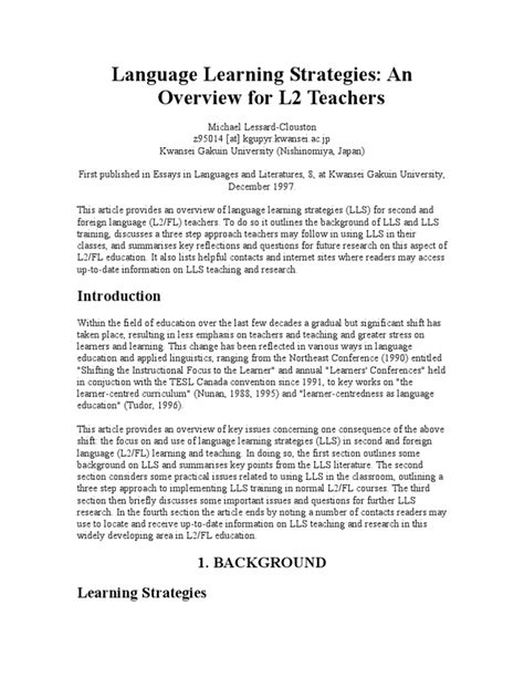Language Learning Strategies Overview For L2 Teachers Pdf Second Language English As A