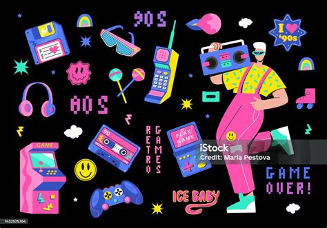 90 년대 80 년대의 큰 복고풍 세트 남자 춤과 게임 카세트 아르카노이드 조이스틱 셋톱 박스 헤드폰 픽셀 1980 1989