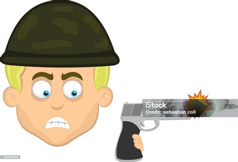 벡터 일러스트 레이 션 머리 금발의자 만화 군인 위장 헬멧 촬영 총화 팔 권총 사격에 대한 스톡 벡터 아트 및 기타 이미지 사격 Armed Forces Day