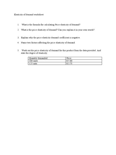 Elasticity Of Demand Worksheet Pdf