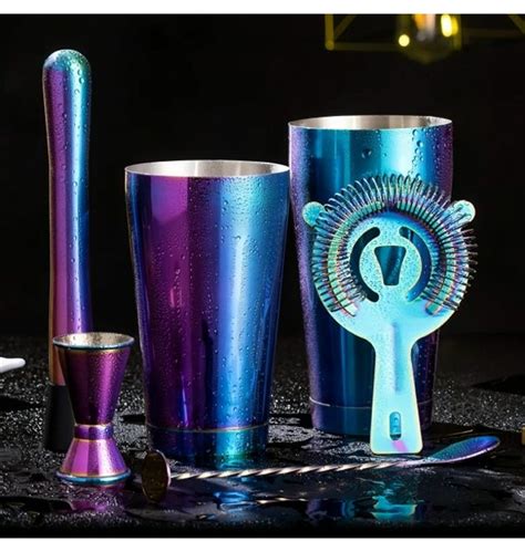 칵테일 바텐더 전기 도금 스테인리스 스틸 셰이커 컵 세트 보스턴 도구 와인 액세서리 압생더 스푼 티몬