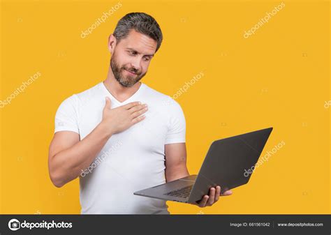 Sincerely Man Programmer Studio Man Programmer Laptop Isolated Yellow