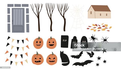 해피 할로윈 일러스트레이션 세트 의상 벡터 클립 아트의 캐릭터 어린이 마녀 유령 해골 애완용 고양이 개 호박 얼굴 박쥐 거미 플랫 스타일 이미지 0명에 대한 스톡 벡터 아트