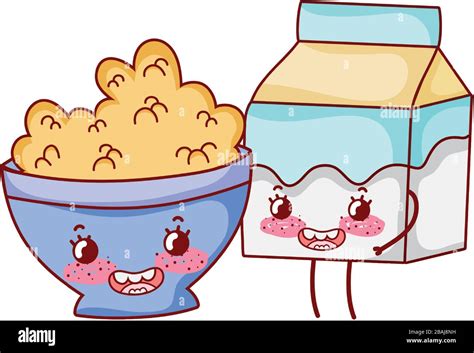 Breakfast Cute Bowl With Cereal And Milk Box Cartoon Vector
