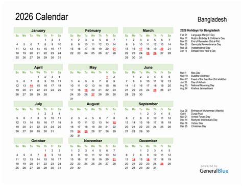 2026 Bangladesh Calendar With Holidays