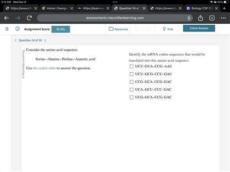 Solved The Codon Table Identifies The Amino Acid Sequence