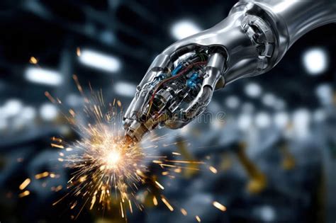 Robotic Hand Welding Metal And Creating Sparks In A Manufacturing