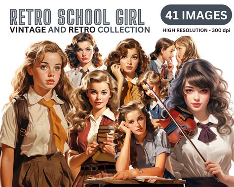 Retro School Girl Clipart 1950s Vintage Illustrations Pngs Etsy Canada