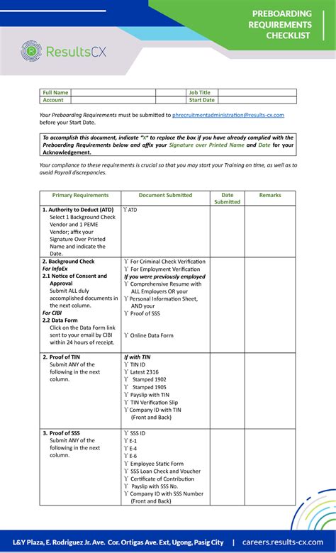 Preboarding Requirements Checklist Full Name Job Title Account Start Date Your Preboarding