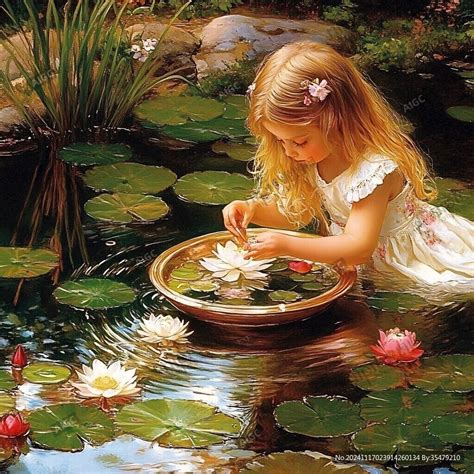 Ai创作图水塘立体画 纯洁无瑕的童真 Tif唯美油画 写实唯美插画 唯美人物油画 童话装饰画 高清仿真画图片 少女许愿池 高清cg油画 童话一般的童年 采莲的姑娘 水边的仙女 怡然自得的小女孩