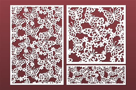 나비와 꽃의 패턴 레이저 컷 캐비닛 프렛 워크 천공 패널 외부 절단을 위한 템플릿 세트입니다 금속 종이 또는 나무 조각 야외