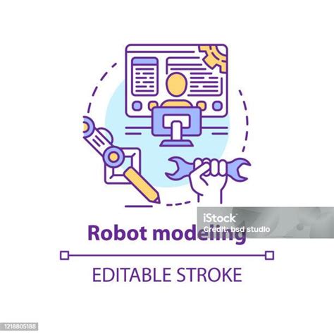 로봇 모델링 개념 아이콘입니다 컴퓨터 아이디어 얇은 선 그림을 만들기 전자 장치 장치의 설계 로봇 공학 개발 벡터 절연 윤곽선
