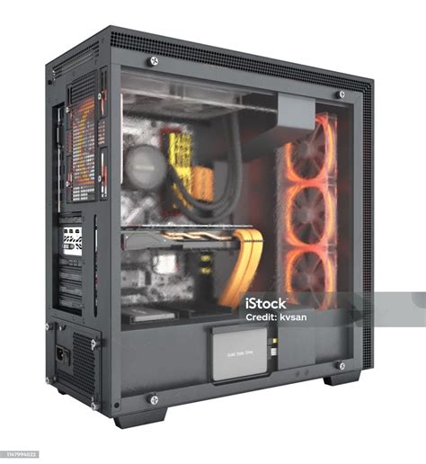 빨간색 조명 효과와 물 냉각 시스템 흰색 배경 3d 렌더링 그림자 없이 컴퓨터 폐쇄 투명 커버 0명에 대한 스톡 사진 및 기타 이미지 Istock