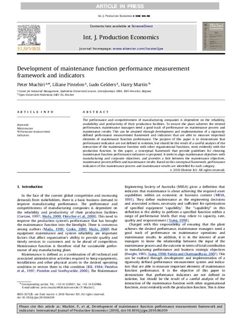 Pdf Development Of Maintenance Function Performance Measurement Framework And Indicators