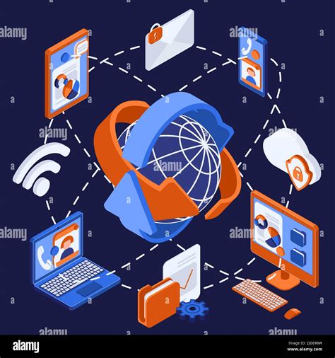 Isometric Flowchart Illustrated Big Data Satellite Transmission Between Digital Media Vector