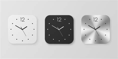 벡터 3d 현실적인 흰색 검정 및 Slver 또는 크롬 강철 벽 사무실 시계 아이콘 세트 브랜딩 및 전면 광고 광고를 위한 벽