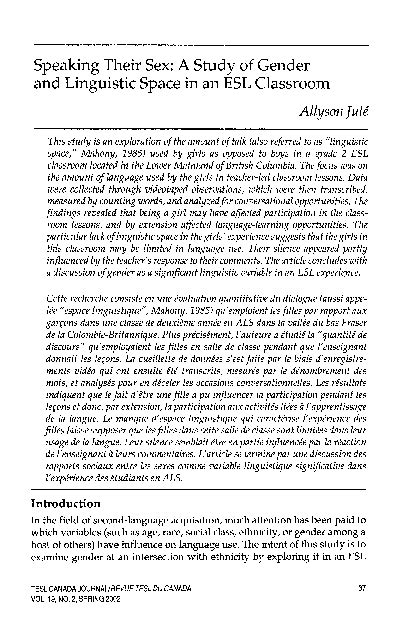 Pdf Speaking Their Sex A Study Of Gender And Linguistic Space In An Esl Classroom
