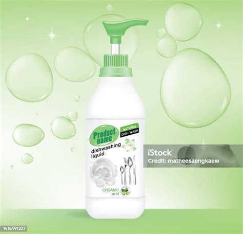 접시 세척 비누 광고 라벨 디자인으로 현실적인 플라스틱 식기 세척 포장 깨끗한 접시와 물이 튀는 액체 세척 비누 3d 벡터