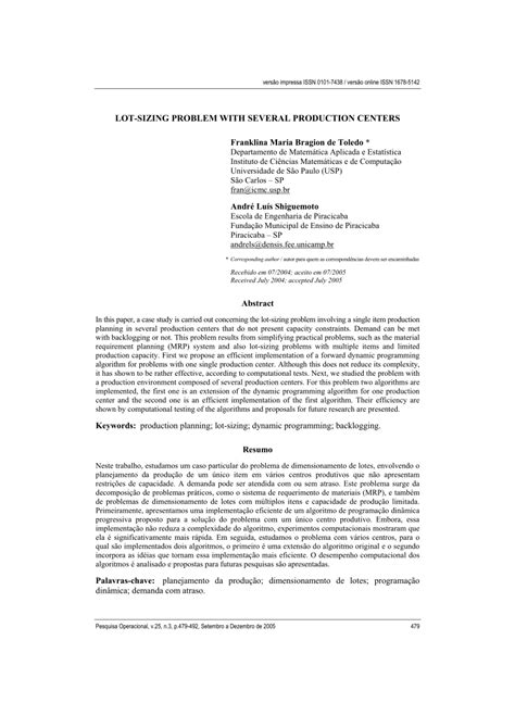 Pdf Lot Sizing Problem With Several Production Centers