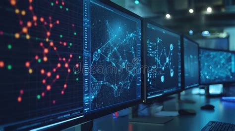 Multiple Computer Screens Showing Various Colorful Graphs And Data