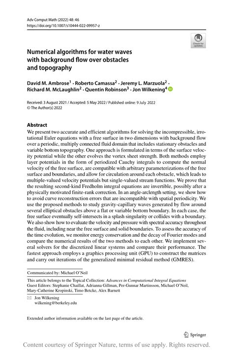 Pdf Numerical Algorithms For Water Waves With Background Flow Over