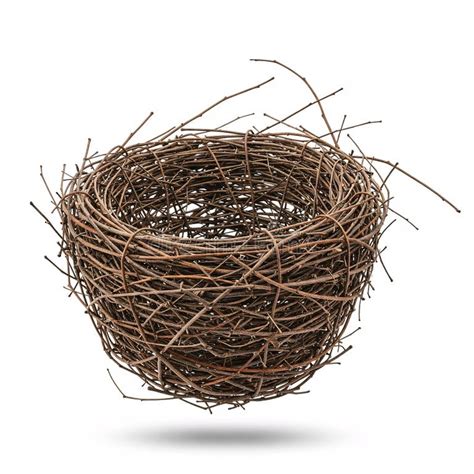Bird Nest Woven From Thin Twigs Flying Isolated On White Background