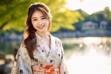 Mujer Japonesa Llevando Yukata Sonriente En El Parque Foto Premium