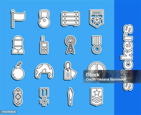 세트 라인 갈매기 모양 평화 군사 보상 메달 탄약 상자 워키 토키 항공 폭탄 깃발 및 레이더 아이콘 벡터 갈매기표 수장에 대한