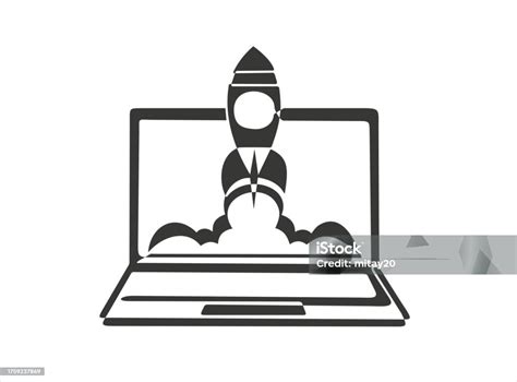 로켓 발사의 아이콘 화면 노트북에 배송 스타트업 사업 벡터 일러스트 레이 션입니다 흰색 배경에 고립되어 있습니다 로고에 대한 스톡 벡터 아트 및 기타 이미지 Istock