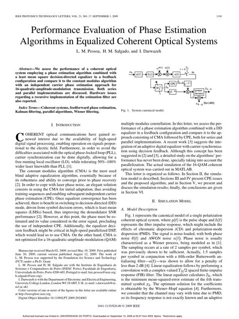 Pdf Performance Evaluation Of Phase Estimation Algorithms In Equalized Coherent Optical Systems