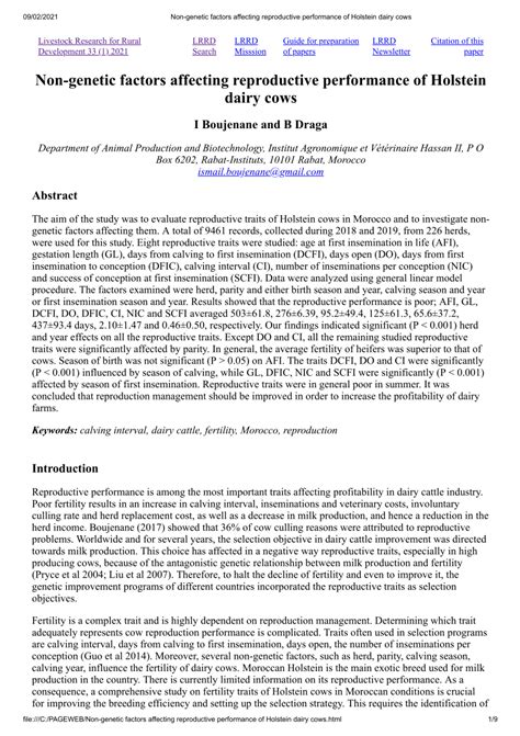 Pdf Non Genetic Factors Affecting Reproductive Performance Of Holstein Dairy Cows