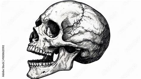 A Detailed Drawing Of A Human Skull In Profile With Its Mouth Open