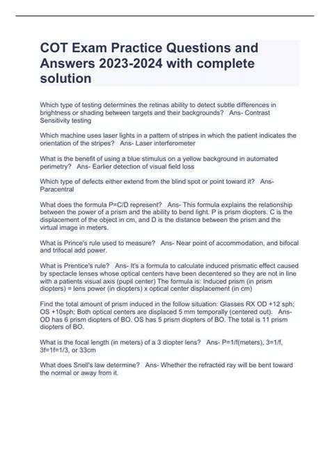 COT Exam Practice Questions And Answers With Complete Solution COT Stuvia US