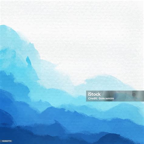 흰색 질감 종이 배경에 파란색과 청록색 수채화 파도 블루 페인트 스플래시 방울의 색조의 테두리 수채화 스트로크 디자인 요소 파란색 손은 추상적 인 질감을 그린 파란색에 대한