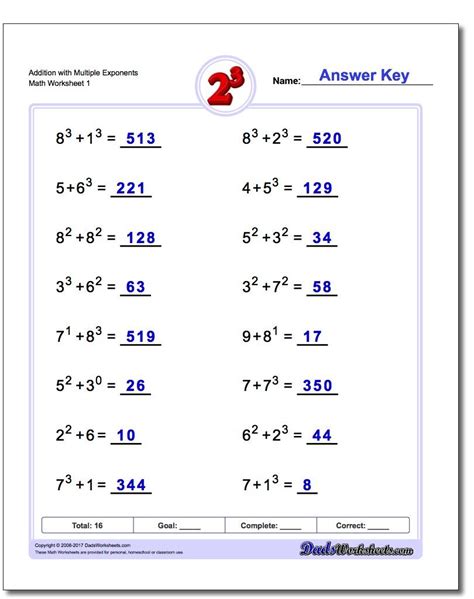 Exponents And Multiplication Worksheet Answer Key Free Printable