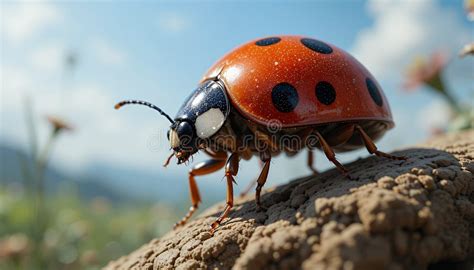 Vibrant Red Ladybug On Dirt Mound In Sunny Field Stock Illustration