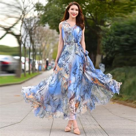 V Neck Flowy Bohemian Chiffon Floral Long Plus Size Summer Wedding