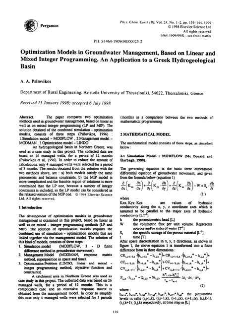 Pdf Optimization Models In Groundwater Management Based On Linear And Mixed Integer