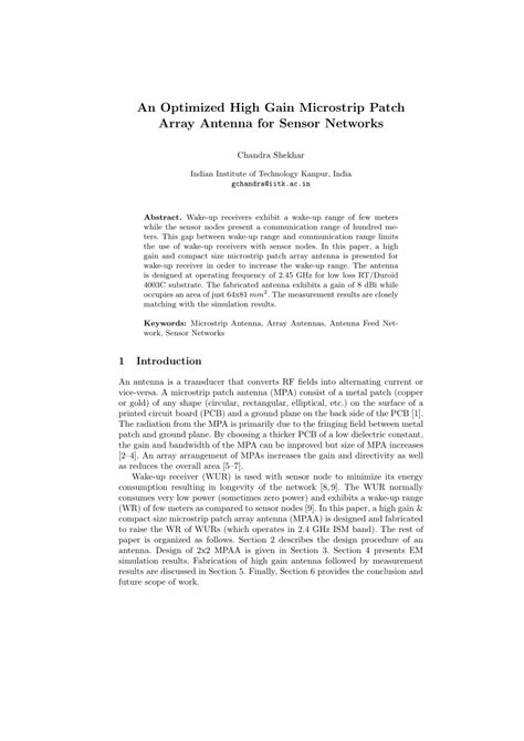 Pdf An Optimized High Gain Microstrip Patch Array Antenna For Sensor Networks First