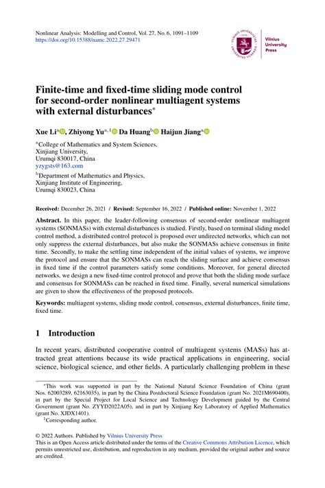Pdf Finite Time And Fixed Time Sliding Mode Control For Second Order Nonlinear Multiagent