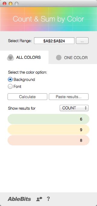 how to calculate colored cells in excel for mac with count and sum by