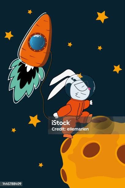 토끼 우주 비행사는 채식 우주 벡터 삽화에서 당근 로켓에 별을 가지고 달에 외계 가상의 유치한 배경 인사말 카드 벽지 우주 비행사에 대한 스톡 벡터 아트 및 기타 이미지