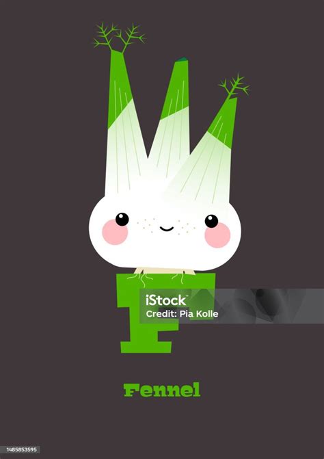 회향 Kawaiiabc A부터 Z까지의 알파벳과 타이포그래피 야채 음식 정원이 있는 일본식 귀여운 삽화 0명에 대한 스톡 벡터