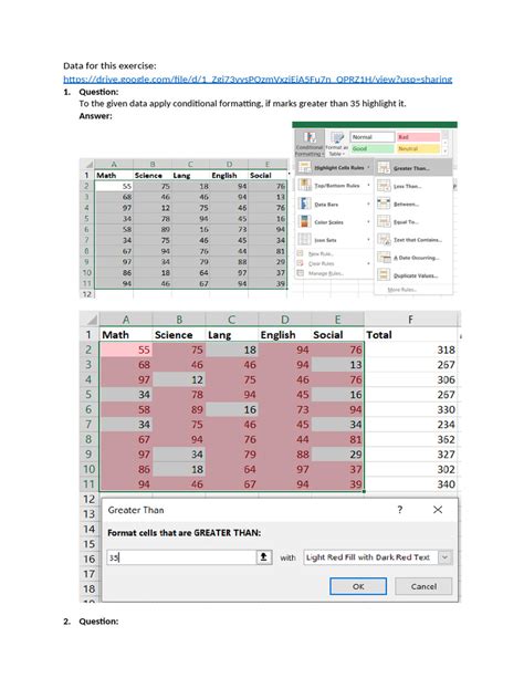 Exercises On Conditional Formatting Pdf Computers