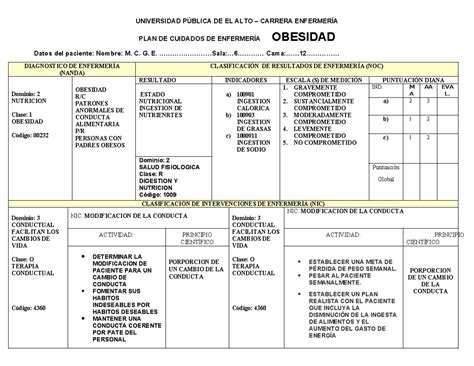 Diagnistico Nanda Obesidad Universidad PÚblica De El Alto Carrera