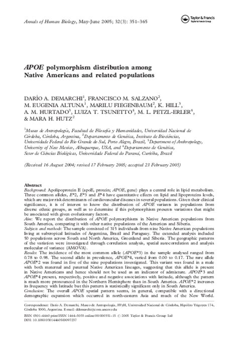 Pdf Apoe Polymorphism Distribution Among Native Americans And Related Populations