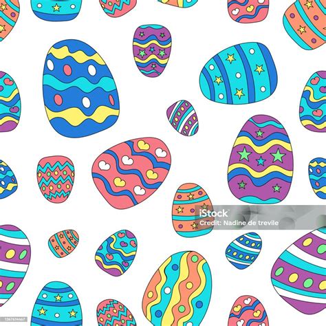 흰색 배경에 부활절 색깔계란의 축제 벡터 원활한 패턴 낙서 스타일의 벡터 일러스트레이션 4월에 대한 스톡 벡터 아트 및 기타 이미지 4월 개체 그룹 계절 Istock