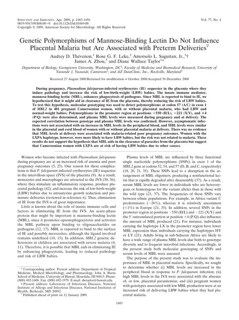 Pdf Genetic Polymorphisms Of Mannose Binding Lectin Do Not Influence Placental Malaria But Are